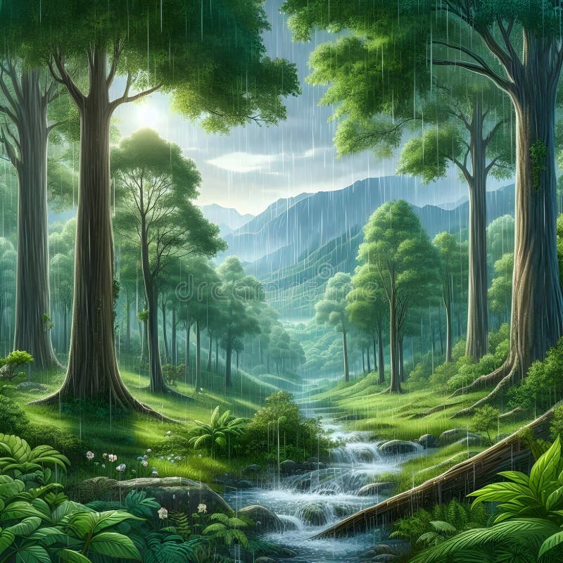 Painterly Image of Serene Scene of a Beautiful Rain Falling on a Lush ...