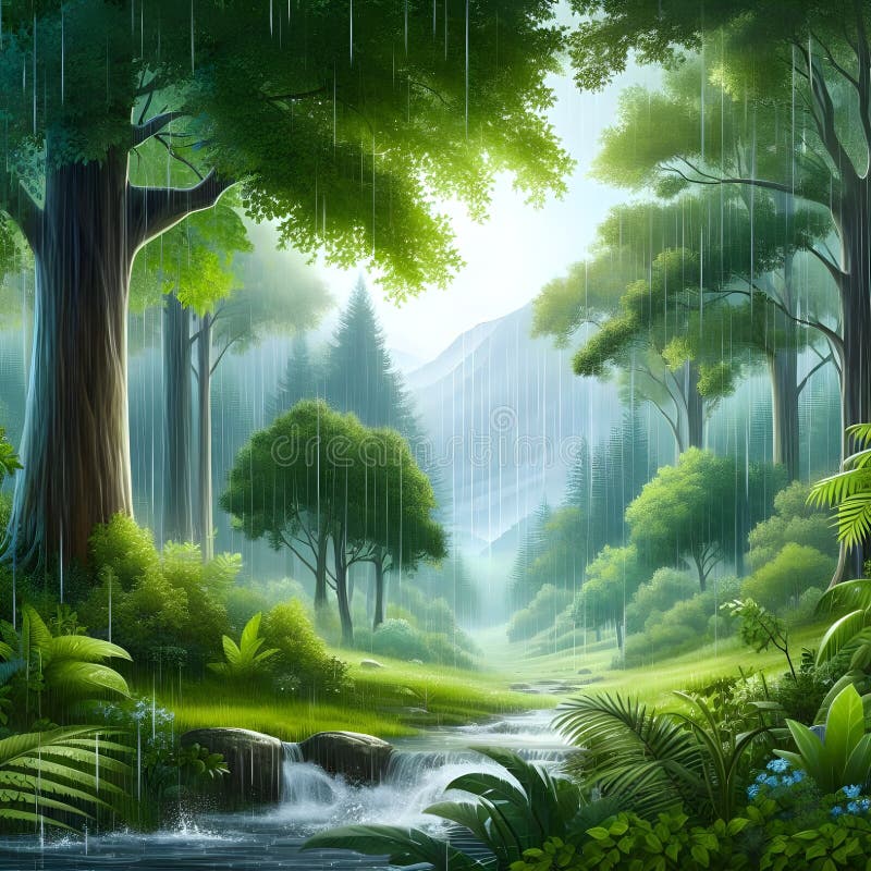Painterly Image of Serene Scene of a Beautiful Rain Falling on a Lush ...