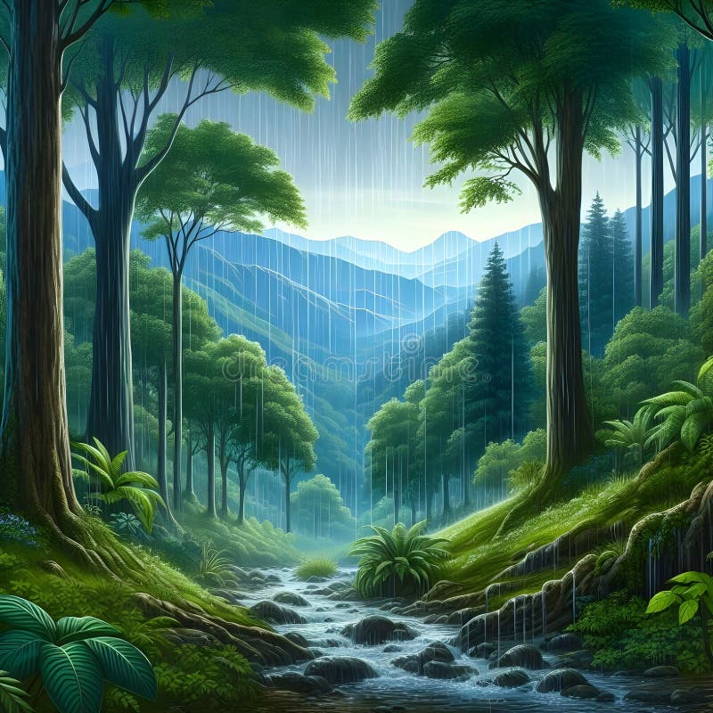 Painterly Image of Serene Scene of a Beautiful Rain Falling on a Lush ...