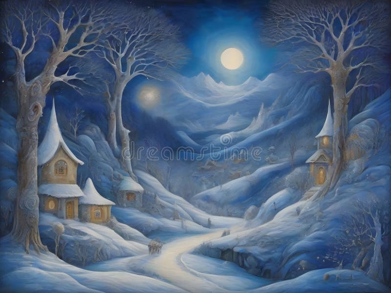 Painterly Image of the Winter Scene Art Brut in Rich Deep Blue Color ...