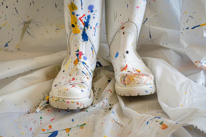 Painters White Boots with Paint Splatter on a Drop Cloth Stock Image ...