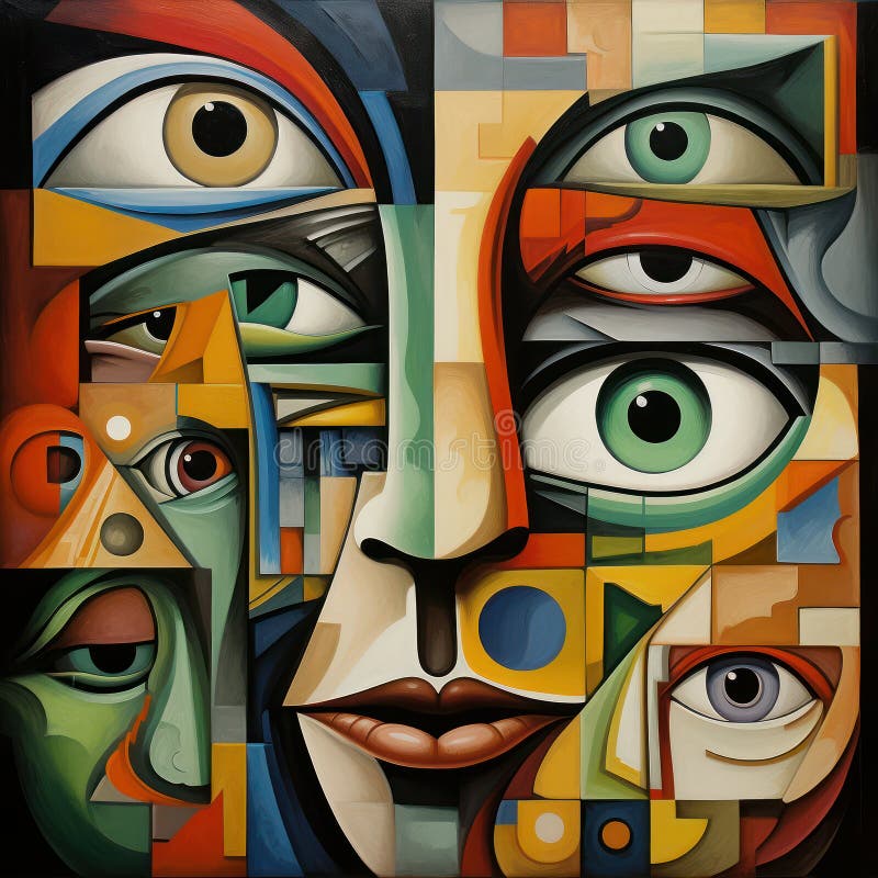 Painting with an Abstract Face and Several Multi-colored Eyes, Cubism ...