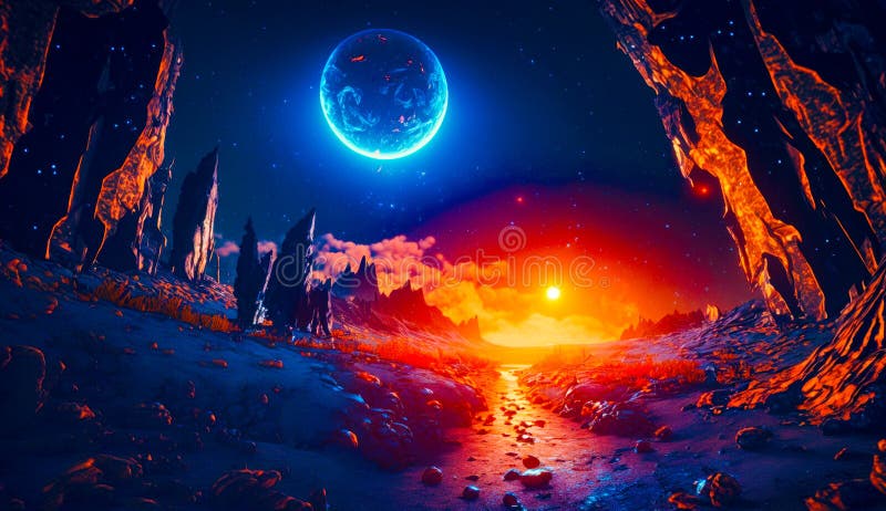 Painting of an Alien Landscape with Blue Moon. Generative AI Stock ...