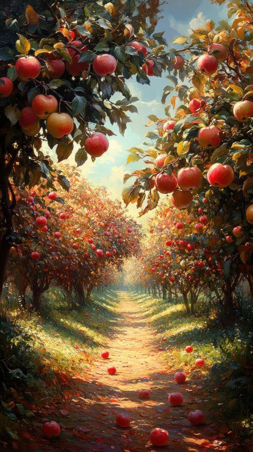 Painting of an Apple Orchard Path Stock Illustration - Illustration of ...