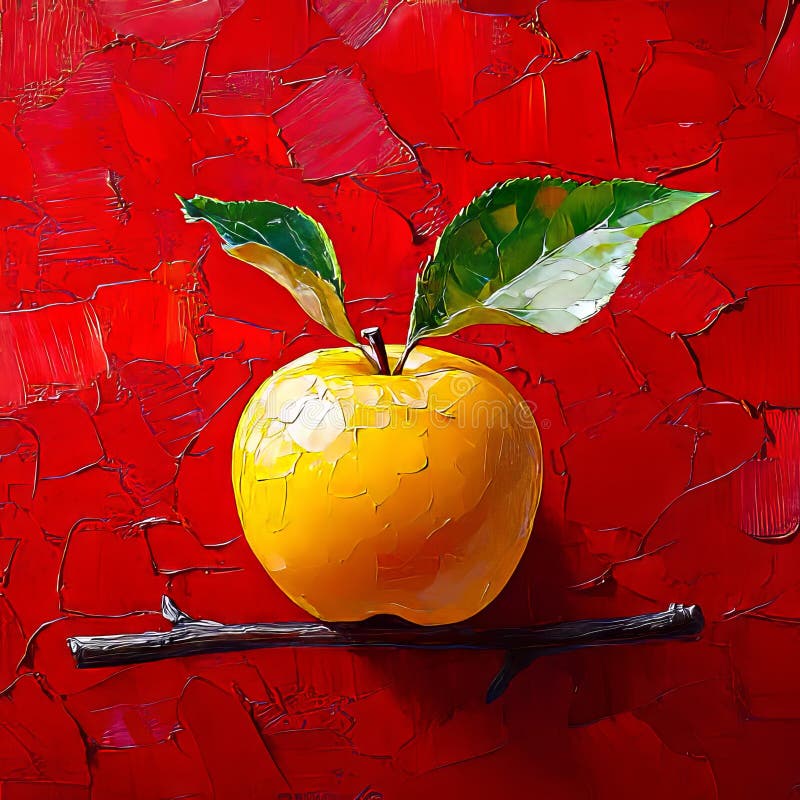 A Painting of an Apple on a Red Background Stock Image - Image of stick ...