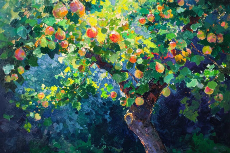 Painting of an Apple Tree with Green Leaves, an Impressionistic ...