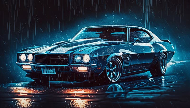 A Painting Art of a Classic Car in the Rain Stock Illustration ...