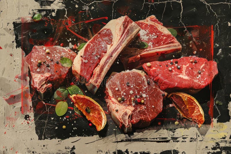 Painting of Assorted Cuts of Dry-aged Meat with Orange Slices on a ...