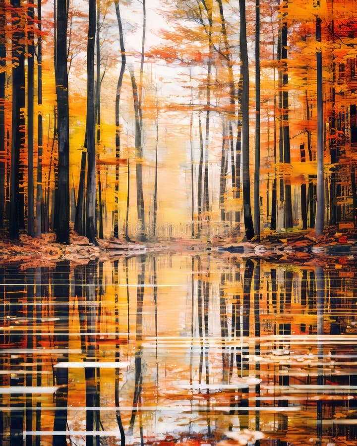 A Painting of an Autumn Forest with Trees Reflected in the Water Stock Illustration ...