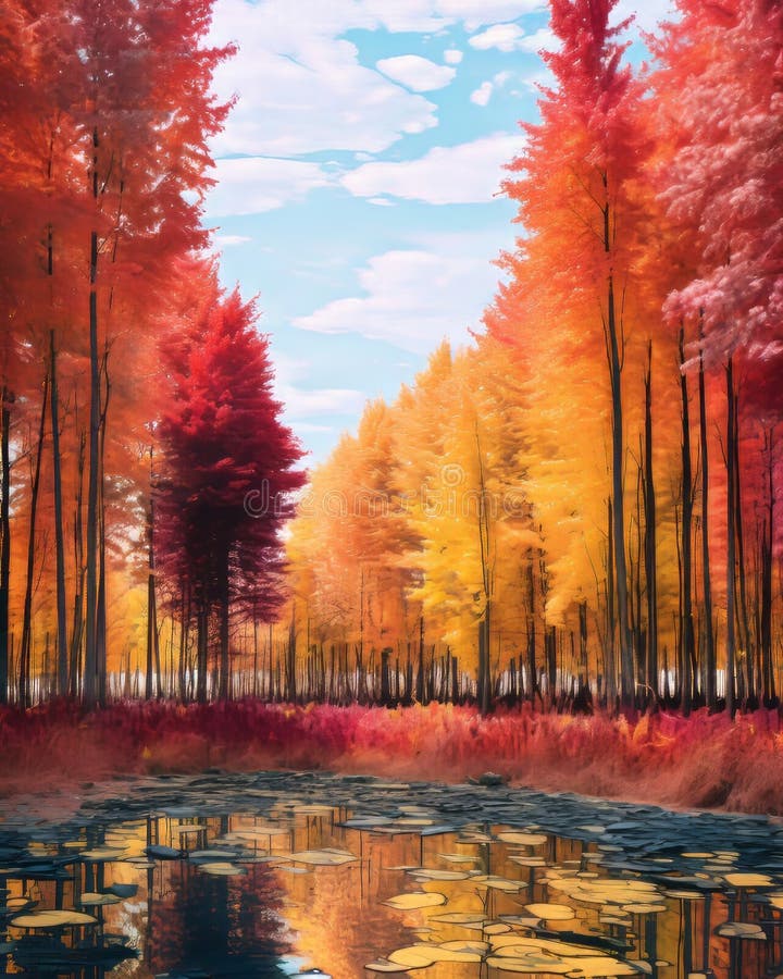 A Painting of Autumn Trees and Water Stock Illustration - Illustration ...