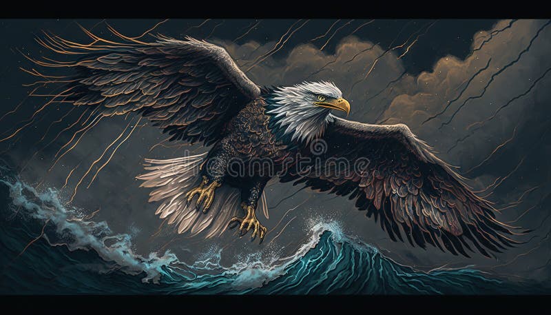 A Painting of a Bald Eagle Flying Over a Crashing Wave Stock ...