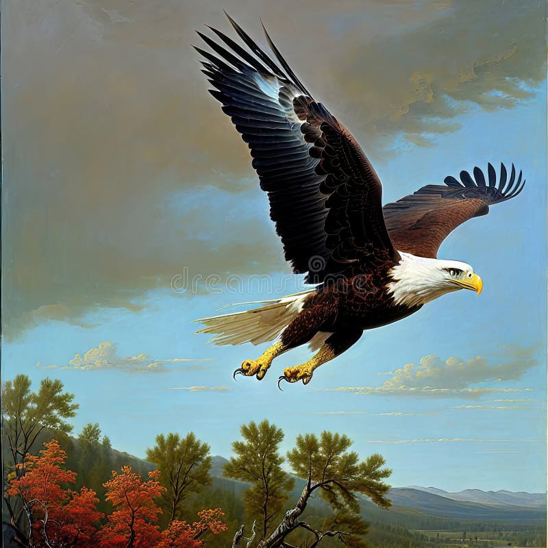 A Painting of a Bald Eagle Flying in the Sky Stock Illustration ...