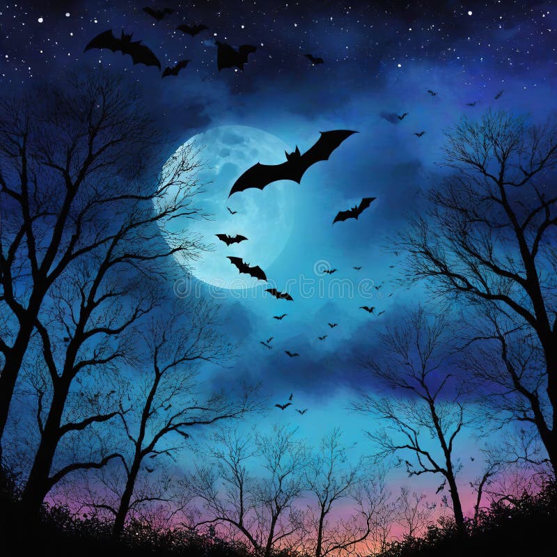Painting of Bats Flying Over a Stock Illustration - Illustration of ...