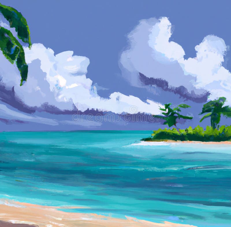 Painting of a Beach in Maldivas with Palm Trees Stock Illustration ...