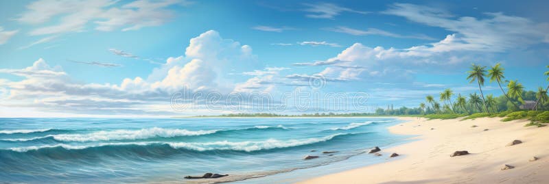 A Painting of a Beach with Palm Trees, Header, Footer, Panoramic Banner ...