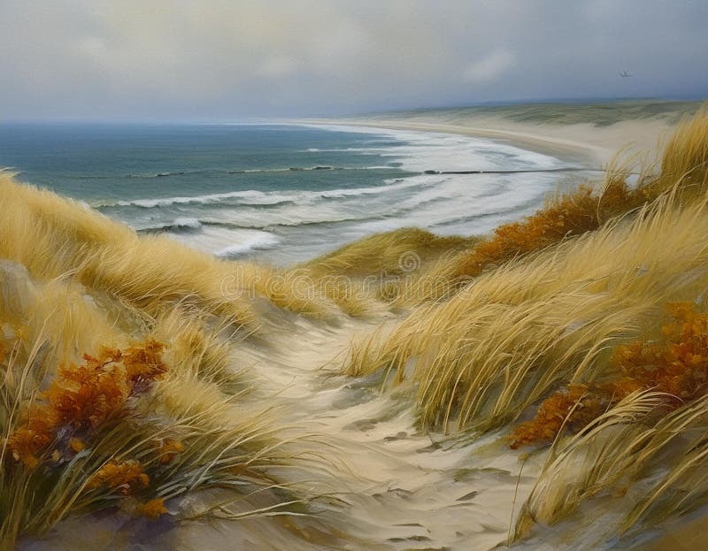 A Painting of a Beach with a Path Leading To the Water Stock ...