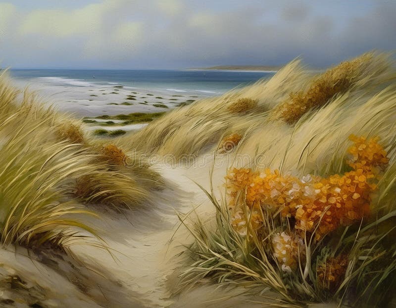A Painting of a Beach with a Path Leading To the Water Stock ...