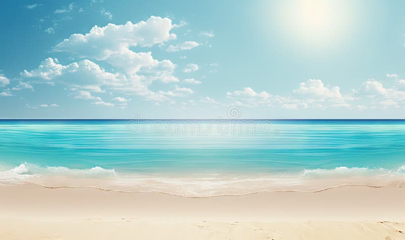 A Painting of a Beach Scene with Blue Water and White Clouds Stock ...