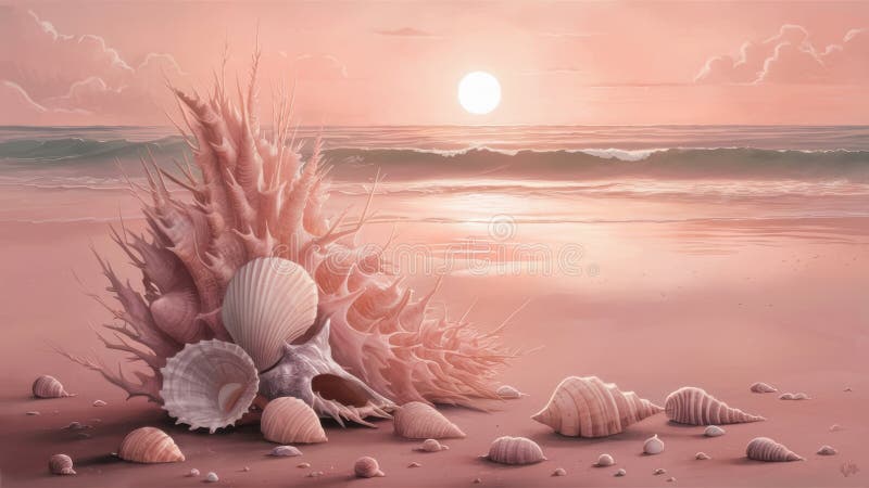 A Painting of a Beach Scene with Shells and the Sun Setting, AI Stock ...