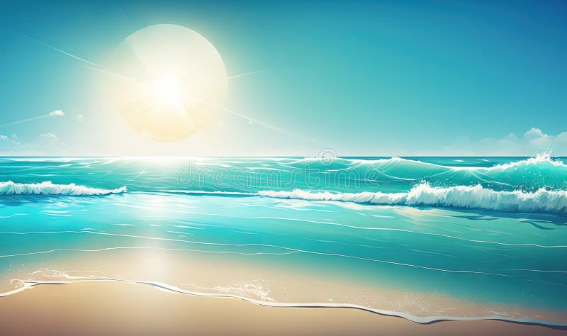 A Painting of a Beach Scene with Waves and a Bright Sun Stock ...