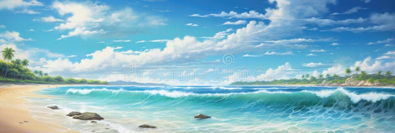 A Painting of a Beach Scene with Waves and Rocks, Header, Footer ...