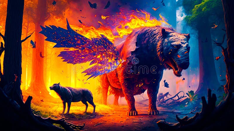 Painting of Bear and Wolf in Forest. Fantasy Stock Illustration ...