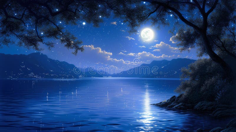 A Painting of a Beautiful Night Scene with the Moon Shining, AI Stock ...
