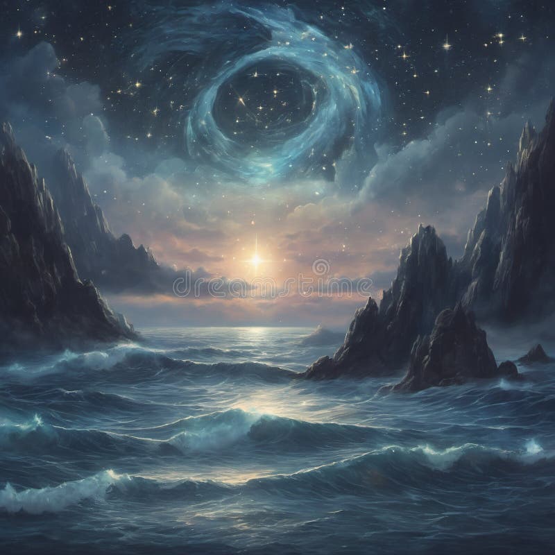 Painting of a Beautiful Ocean Scene with a Spiral in the Sky. Stock ...