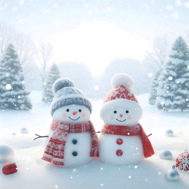 Painting of Beautiful Two Snowmen that are Standing in the Snow. Stock ...