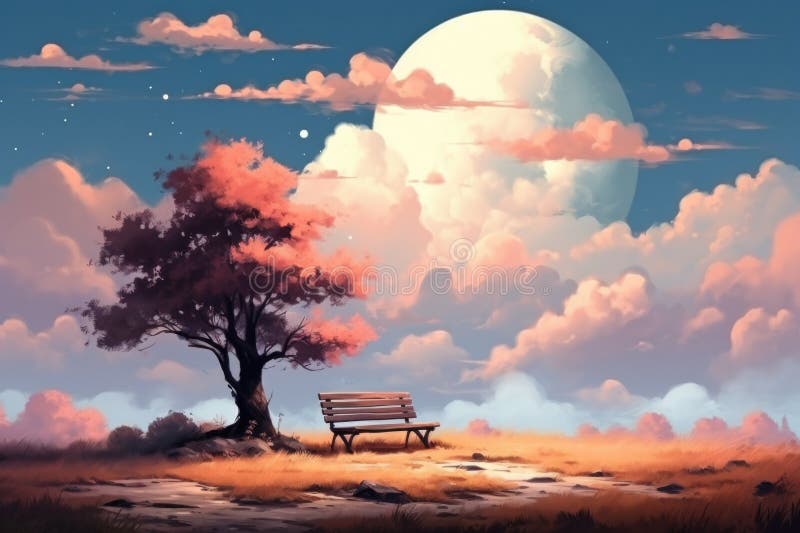 A Painting of a Bench Under a Full Moon, AI Stock Illustration ...
