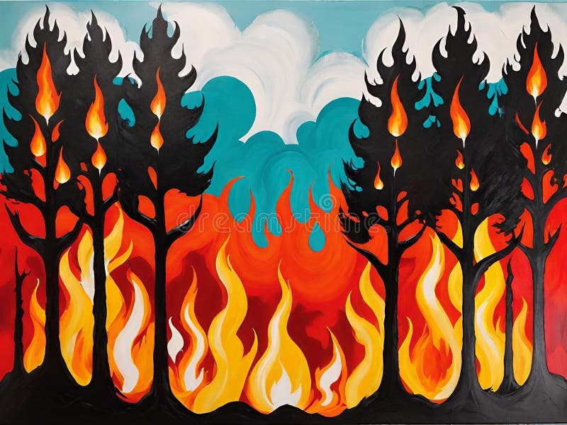 Painting of a Big Fire with a Red Forest Stock Illustration ...