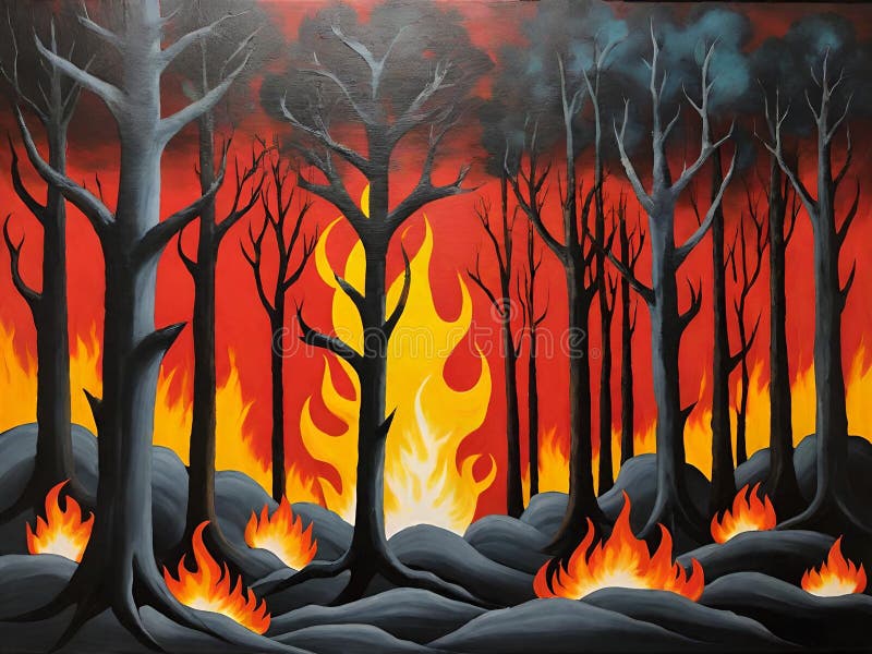 Painting of a Big Fire with a Red Forest Stock Illustration ...