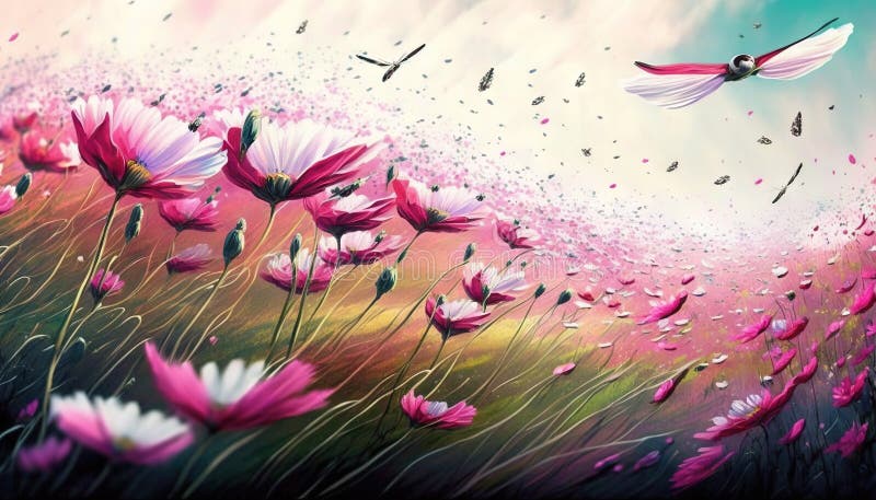 A Painting of a Bird Flying Over a Field of Flowers Stock Illustration ...