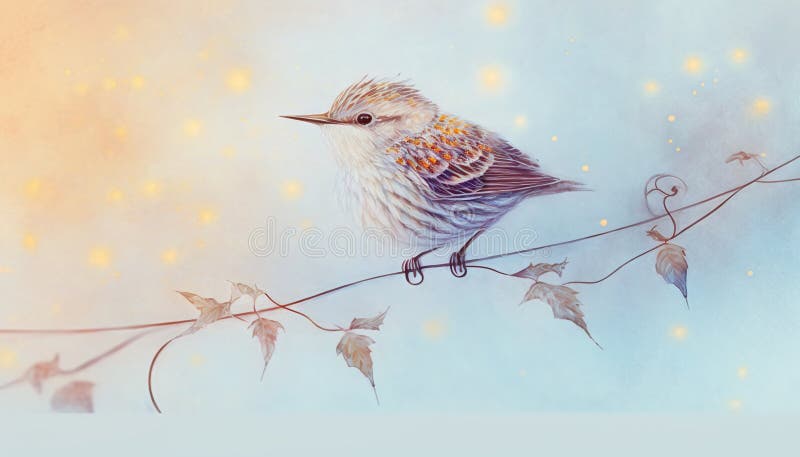 A Painting of a Bird Sitting on a Branch with Leaves Stock Illustration ...