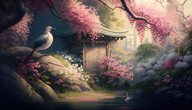 A Painting of a Bird Sitting on a Rock in a Park Stock Illustration ...