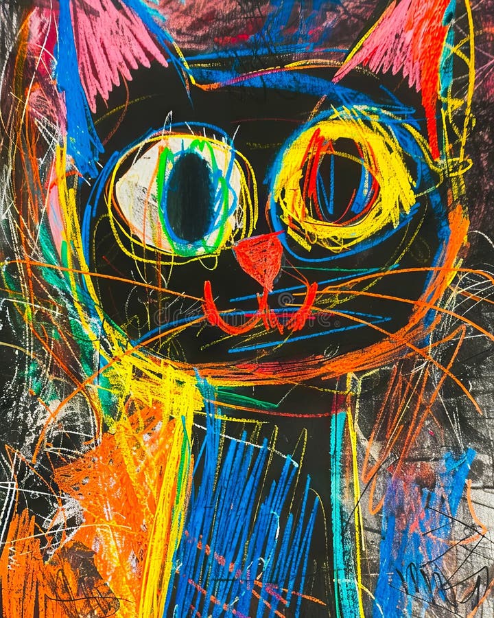 A Painting of a Black Cat with Bright Colors Stock Image - Image of ...