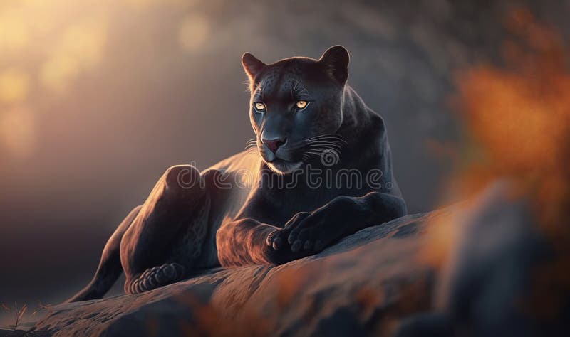 A Painting of a Black Panther Sitting on a Rock in the Sun Stock ...