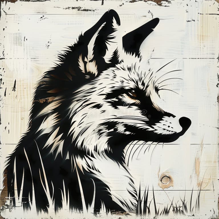 A Painting of a Black and White Fox, Cracked Distressed White Texture ...