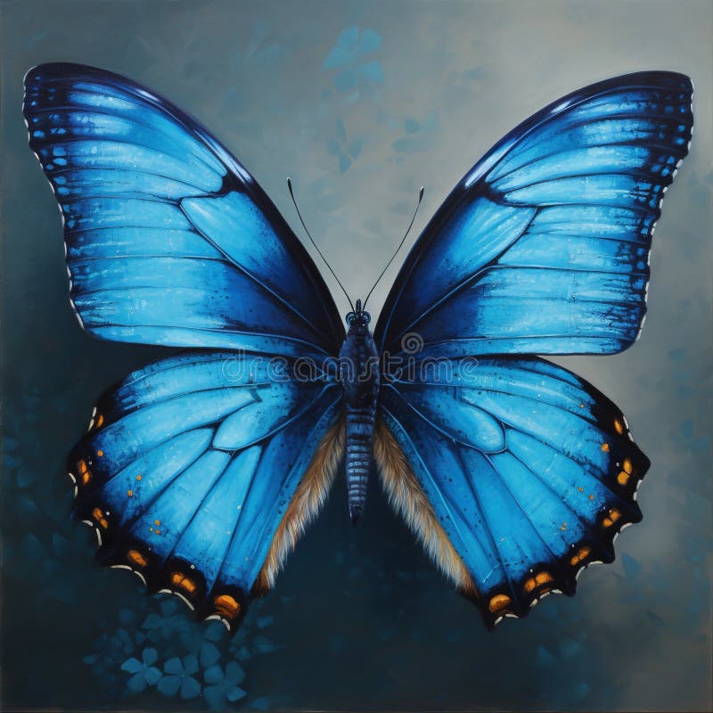A Painting of a Blue Butterfly on a Blue Background with Bubbles Stock ...