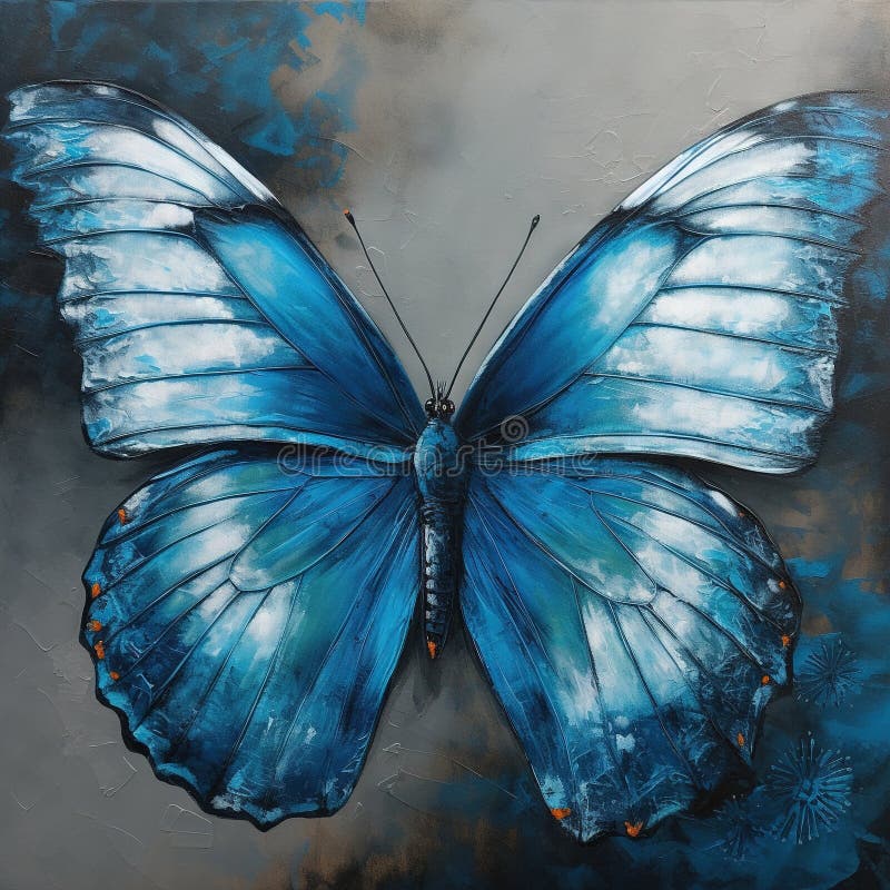 A Painting of a Blue Butterfly on a Gray and Blue Background Stock ...