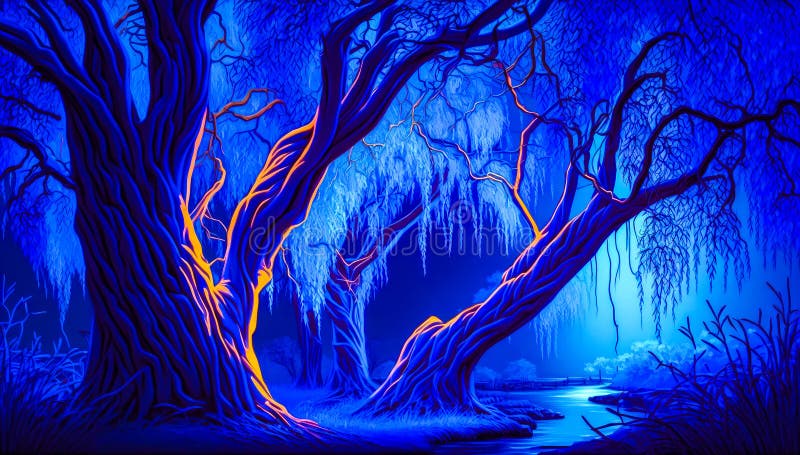 Painting of Blue Forest at Night. Generative AI Stock Illustration ...