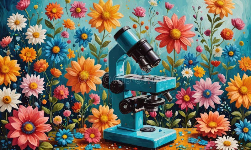A Painting of a Blue Microscope Surrounded by Flowers. Stock ...