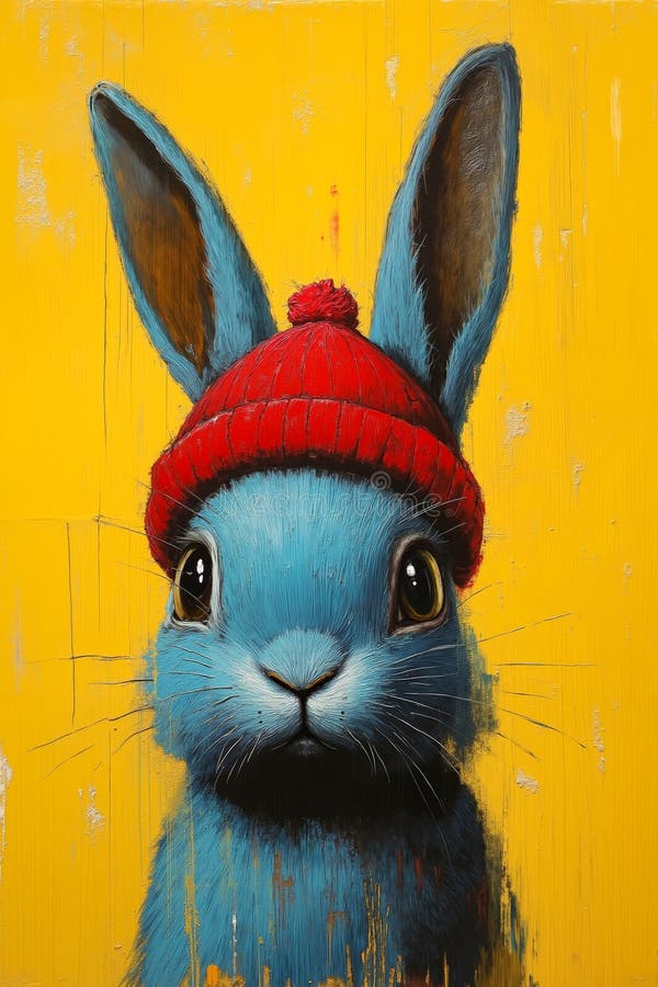 A Painting of a Blue Rabbit Wearing a Red Hat Stock Image - Image of ...
