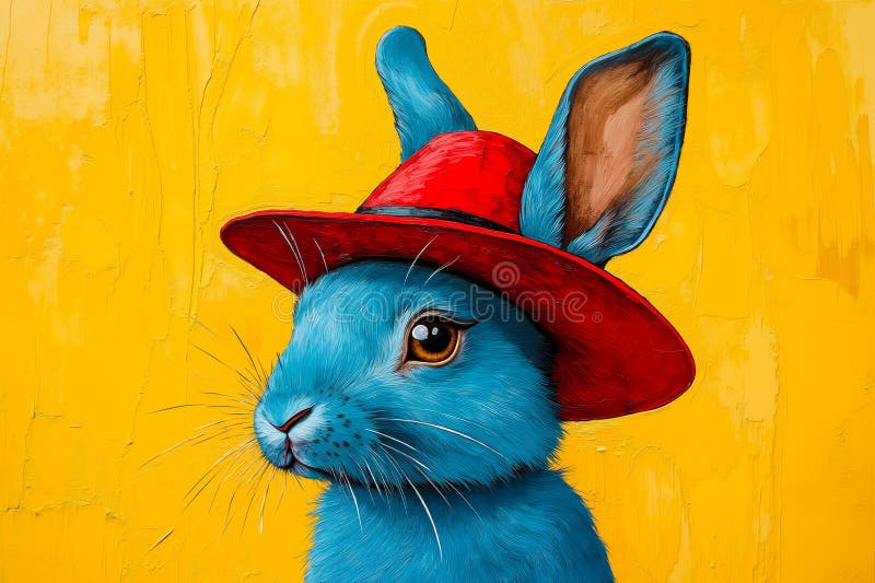 A Painting of a Blue Rabbit Wearing a Red Hat Stock Image - Image of ...