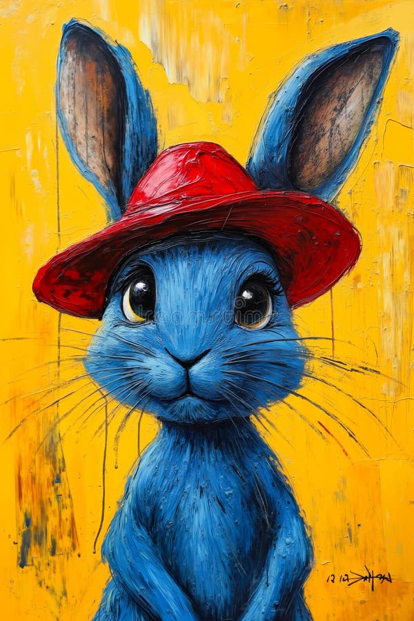 A Painting of a Blue Rabbit Wearing a Red Hat Stock Photo - Image of ...