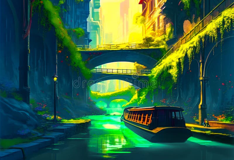 Painting of Boat Floating Down River Under Bridge. Generative AI Stock ...