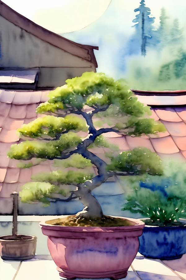 A Painting of a Bonsai Tree in a Pot. Generative AI Stock Illustration ...