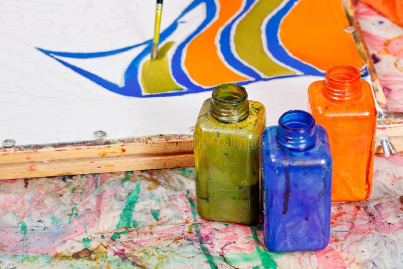 Painting and Bottles with Dyes Stock Photo - Image of batik, bottle ...