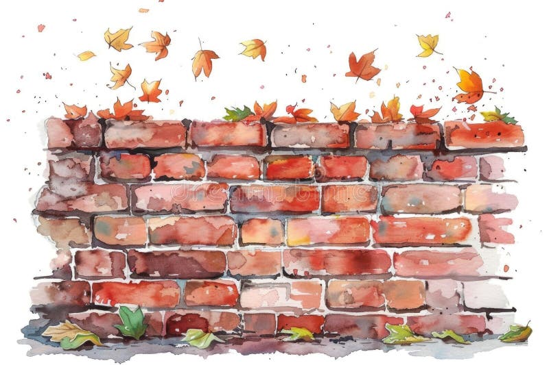 A Painting of a Brick Wall with Falling Leaves. Suitable for Autumn ...
