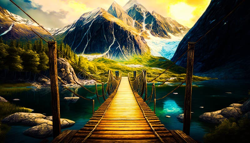 Painting of Bridge Leading To Mountain Range Generative AI. Stock ...